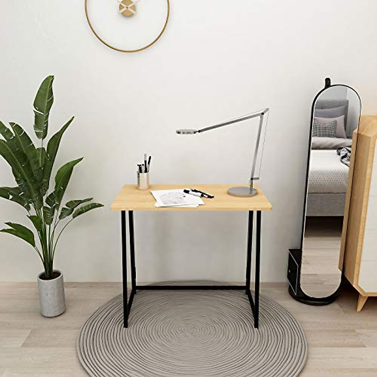 Siunzs Folding Desk, 32 Inch Small Desks for Small Spaces,Space Saving Foldable Computer Desk for Home Office Study Writing, Portable Small Collapsible Desk, Easy Assembly, Black Frame, Maple