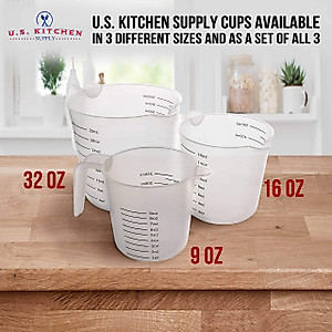 U.S. Kitchen Supply - Set of 3 Plastic Graduated Measuring Cups with Pitcher Handles - 1, 2 and 4 Cup Capacity, Ounce and ML Cup Markings - Measure & Mix Recipe Ingredients, Flour, Water, Oil, Batter