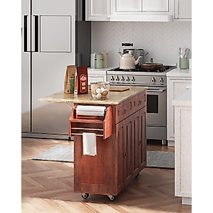 Qsun Kitchen Island with Drop Leaf Countertop, Wood Kitchen Island Cart on Lockable Wheels with Two Large Drawers and Two Large Storage Cabinet with Double Doors, Brown