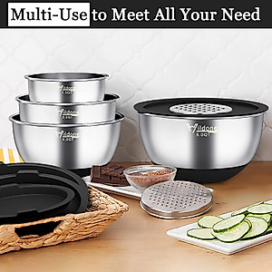 Wildone Mixing Bowls with Airtight Lids, 22 PCS Stainless Steel Nesting Bowls, with 3 Grater Attachments, Scale Marks & Non-Slip Bottom, Size 5, 4, 3, 2,1.5, 0.63QT, Ideal for Mixing & Prepping