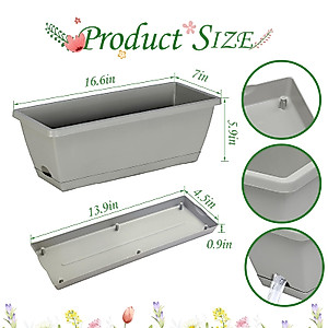 Lysjtsr 12Pcs 17Inches Rectangle Planter Box with Drainage Holes and Trays Plastic Planters Flower Boxes Pots for Indoor Outdoor Plants Patio Garden Home Decor Porch Yard (Gray)
