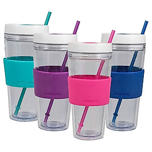 COOL GEAR 4 Pack 24 oz Callisto Clear Chiller with Straw and Band | Dual Function Closure Colored Re-Usable Tumbler Water Bottle - Teal/Purple/Pink/Blue