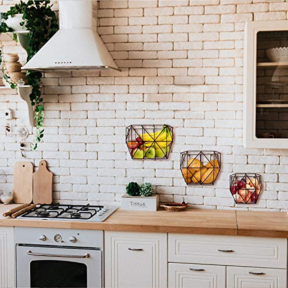 Blue Donuts Wall Hanging Fruit Basket Set of 3 Wire Baskets for Storage, Wall Organizer, Multi-functional Produce Basket Kitchen Storage Organizer, Black