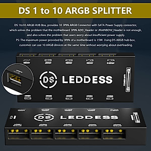 DS leddess Connector 11 Port ARGB Splitter Hub for LED Fans and Lights, SATA Power 1 to 10 ARGB Extension Cords, 5V ARGB Motherboard Sync(B Series)