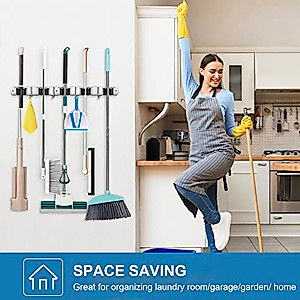 IMILLET 2 Pack Broom Holder Wall Mount, Broom Holder Stainless Steel 5 Racks with 4 Hooks Broom Organizer Wall Mount Self Adhesive Laundry Room Organization Heavy Duty Garage Organization Storage