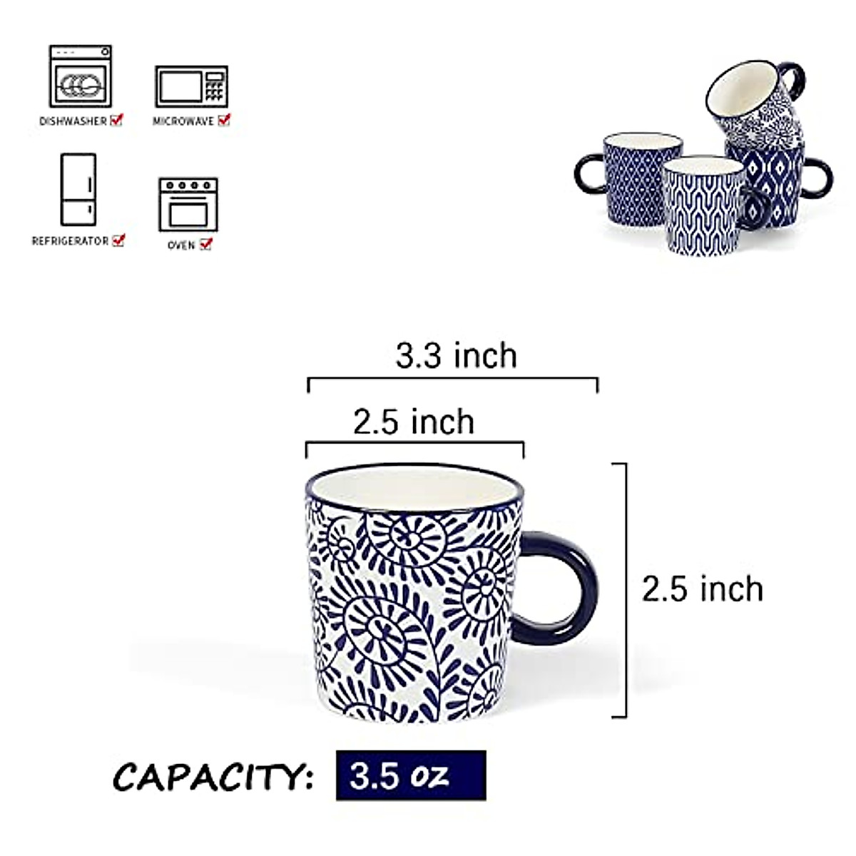 Selamica Ceramic 3.5 Oz Espresso Cups, Cappuccino Cups 2.5 Inch Porcelain Demitasse Cups Small Coffee Cups for Latte Mocha Milk Tea, Set of 4, Vintage Blue