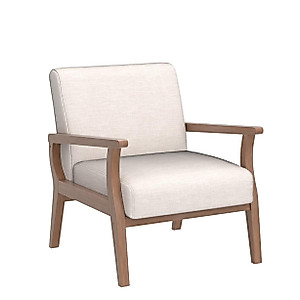 CIMOO Beige Accent Chair Mid Century Modern Armchair Wood Sitting Chair Linen Fabric Upholstered Side Chair Comfortable Chair for Living Room Bedroom Cream