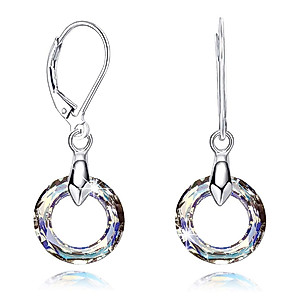 925 Sterling Silver Circle Earrings with Austria Crystal Leverback Dangle Earrings Hypoallergenic Jewelry for Women Mom (Aurore Borealis Crystal Earrings)