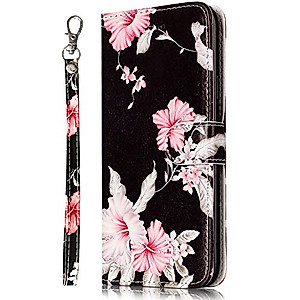 JanCalm Compatible with iPhone 11 Wallet Case, Floral Pattern Premium PU Leather [Wrist Strap] [Card/Cash Slots] Stand Feature Flip Cases Cover for iPhone 11 Case Wallet (Black/Flower)