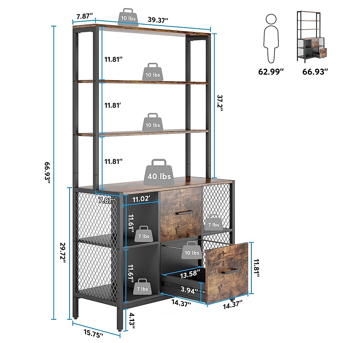 Tribesigns 2-Drawer File Cabinet for Letter Size, 6-Tier Vertical Filing Cabinet with Bookshelf Tall, Large Industrial Printer Stand with Open Storage Shelves for Home Office, Rustic Brown