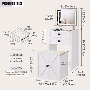 FREDEES Farmhouse 3 in 1 Vanity Desk with Mirror,Small Makeup Vanity Set with Soft Light, Space-Saving Makeup Vanity with Storage Compartment and Padded Stool,Dressing Table for Bedroom,White