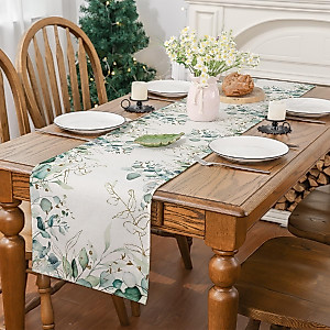Siilues Spring Table Runner, Spring Decorations Off White Eucalyptus Leaves Green Table Runner Seasonal Spring Summer Burlap Table Runner Holiday Decor for Dining Table Decoration (13" x 48")