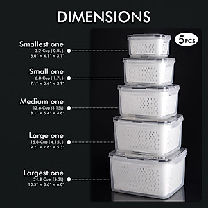 HOTEC Portable Handle Food Storage Container Setwith Lids, 5 pieces Large Fruit Containers with Removable Colander, BPA Free Gas Vent for Keep Foods Fresh