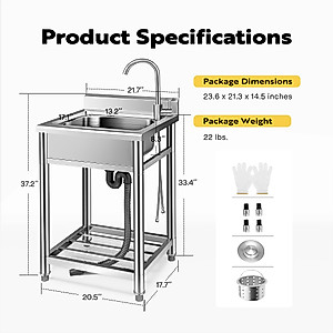 VIVOHOME 22 Inch Stainless Steel Utility Sink with Hot and Cold Faucet, Freestanding Commercial Kitchen Single Bowl Sink for Restaurant, Laundry Room, Garage