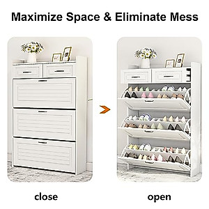 HANLIVES Shoe Cabinet for Entryway, White Narrow Shoe Storage Organizer with 3 Doors 2 Drawers,Flip Down Shoe Rack Wood 4 Tier Shoe Storage Cabinet for Hallway, Living Room,Home and Apartment