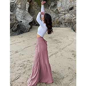 Xiaoxuemeng Women's Tiered Palazzo Pants Flowy Elastic High Waisted Wide Leg Beach Pants (Pink-XL)