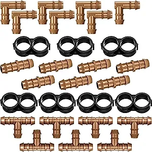 Boao 28 Pieces Drip Irrigation Fittings Kit 1/2 Inch Tubing Set Including 7 Tees, 7 Couplings, 7 Elbows and 7 End Cap Plugs Drip Irrigation Barbed Connectors for Compatible Drip or Sprinkler Systems