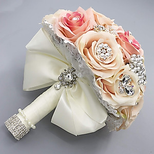 Abbie Home Brooch Jewelry Bouquet - Luxury Bridal Bouquets with Crystal Rhinestone Sparkle Pearls Rose Flowers for Wedding Quinceanera (Pink)