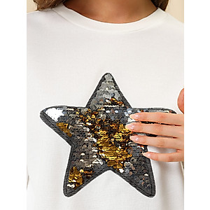 Allegra K Women's Sequin Shiny Star Crew Neck Long Sleeve Sweatshirt Top White Medium