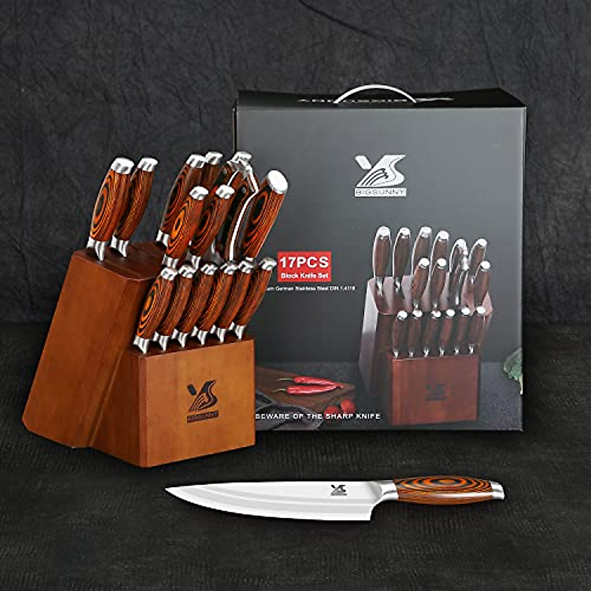 MSY BIGSUNNY Knife Block Set 17-piece Knife Set with Wooden Block - German Steel Perfect Cutlery Set Gift