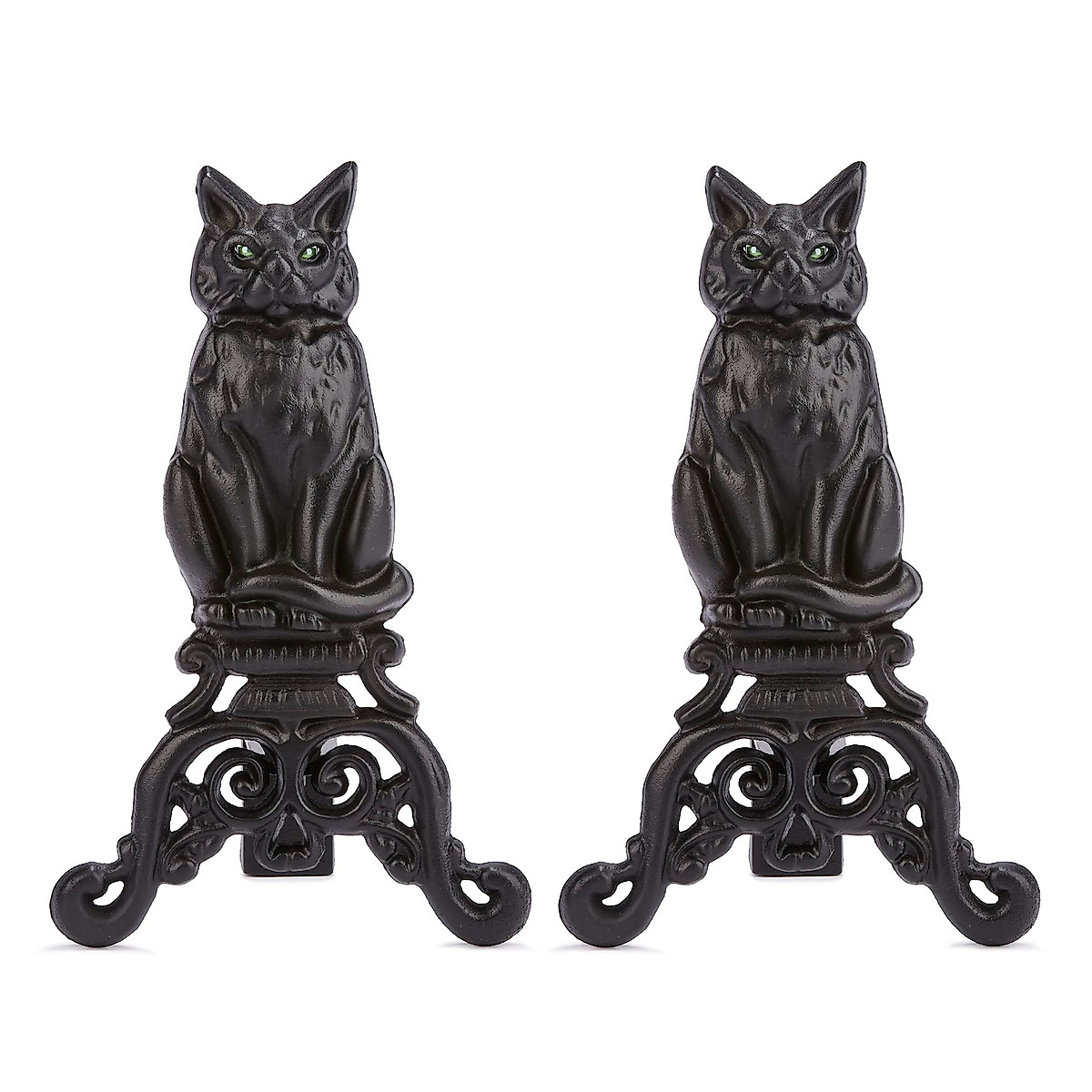 UniFlame, A-1251, Black Cast Iron Cat Fireplace Andirons with Reflective Glass Eyes