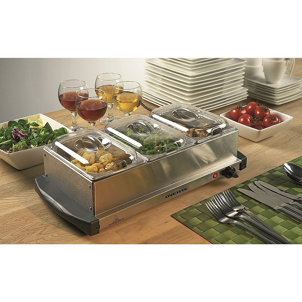 Ovente 3-in-1 Party Chocolate, Butter, Cheese Fondue Warmer and Mini Food Buffet Server with Warmer Tray, 3 Liter, Adjustable Temperature Dial, BPA-Free Cool-Touch Lids, Stainless Steel