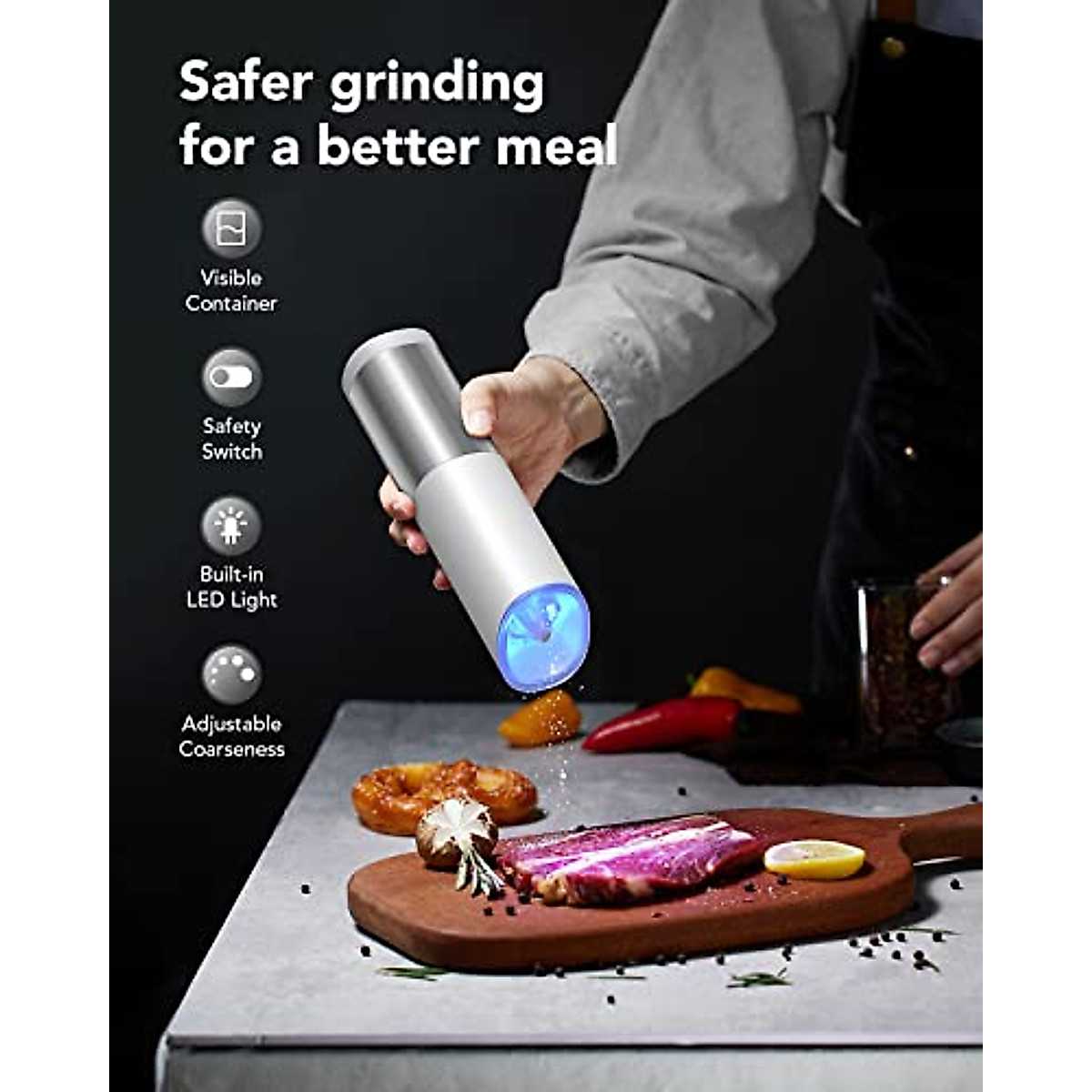 FORLIM Gravity Electric Salt and Pepper Grinder Set Battery Operated, Adjustable Coarseness, Blue LED Light, One Hand Automatic Operation, Stainless Steel Classic Black & White, 2 Mills