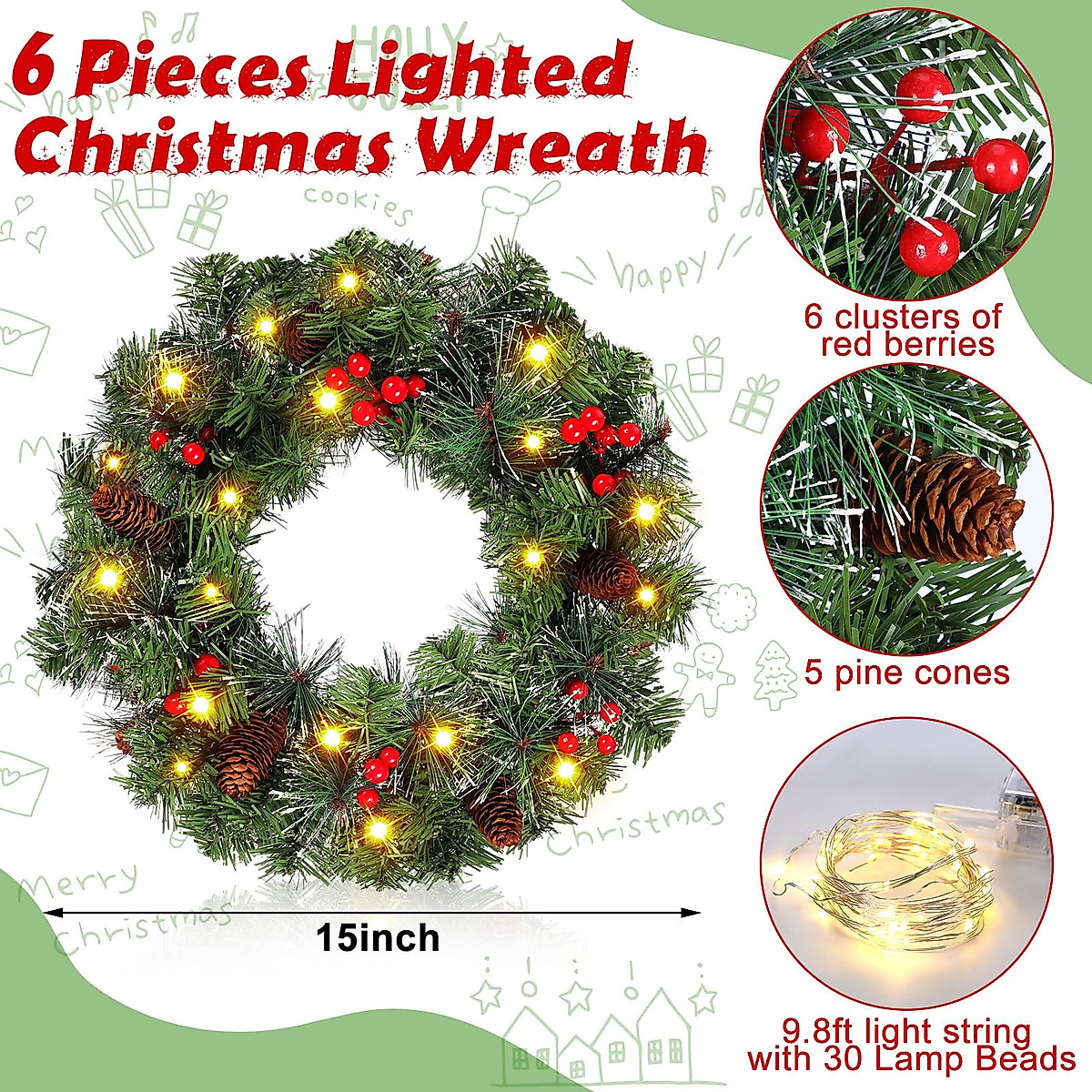Karenhi 6 Pcs Pre Lit Artificial Christmas Wreath 15 Inch Christmas Wreaths for Front Door with Warm White LEDs Lights Battery Operated Spruce Lighted Wreath for Holiday Party Outdoor Decorations