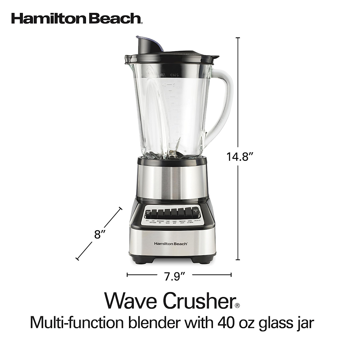 Hamilton Beach Wave Crusher Blender with 40 Oz Glass Jar and 14 Functions for Puree, Ice Crush, Shakes and Smoothies, Stainless Steel (54221)