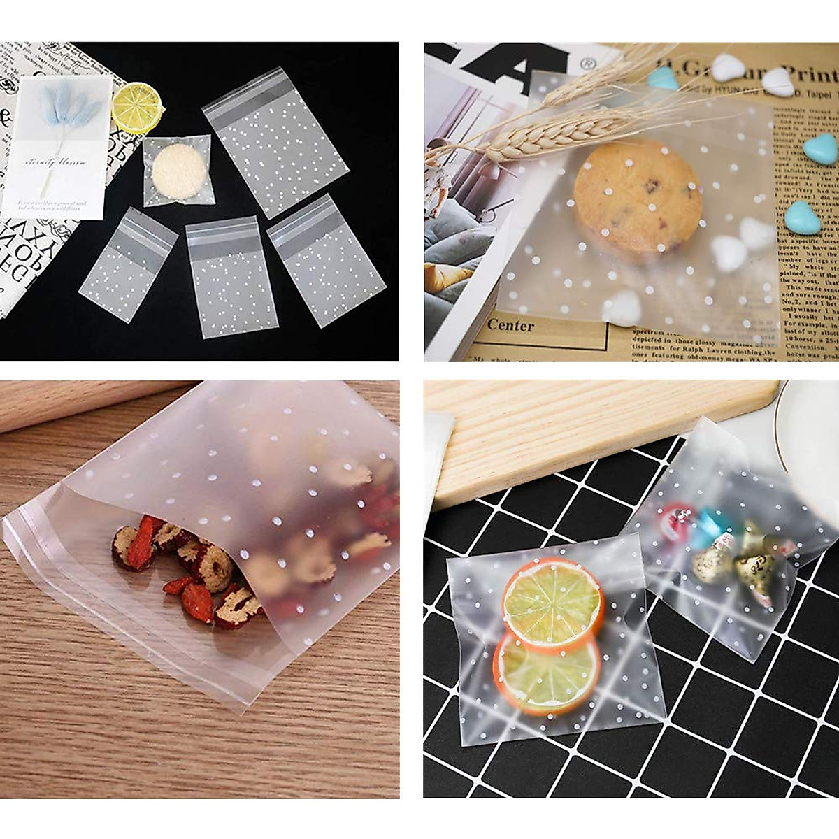 LiyuanQ Christmas Self Adhesive Candy Bag 200 PCS Cellophane Cookie Bags Self-adhesive Sealing Cellophane Bags White Polka Dot Clear Bags OPP Plastic Party Bag for Bakery, Candy (5.5 x 5.5 inches)