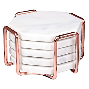 D'Eco White Carrara Marble Coasters & Rose Gold Coaster Holder (Set of 5)- Durable, Thick Coasters - Protects Any Table Type & Fits Any Coffee Mug, Drinking Glass, Barware- Holiday Idea