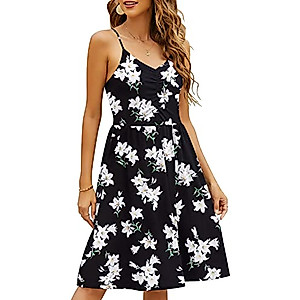 YATHON Casual Dresses for Women Sleeveless Cotton Summer Beach Dress A Line Spaghetti Strap Sundresses with Pockets (M, YT090-Black Floral 01)