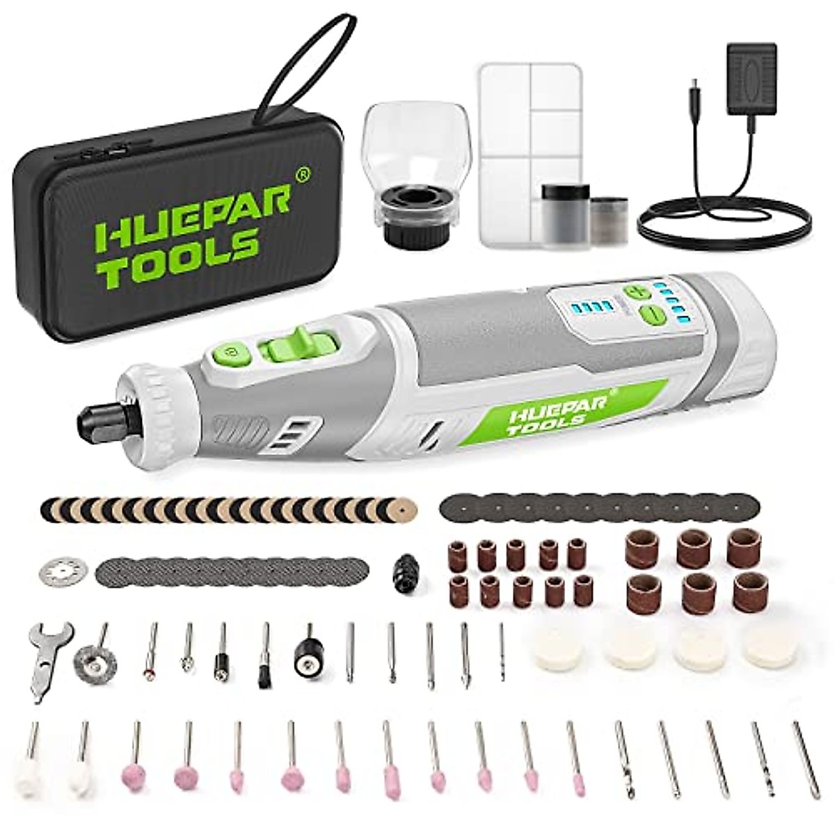 Huepar Tools Cordless Rotary Tool 8V,138pcs Accessories include MultiPro Keyless Chuck, 5 Variable Speed 5000-30000RPM Power Rotary Tool Kit for Dog Nail, Crafting Projects and DIY Creations - RT8