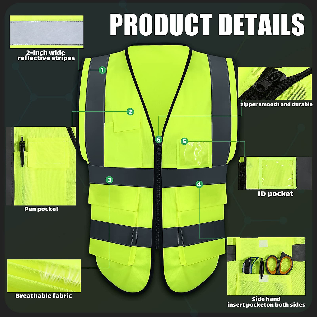 10 Pack Safety Vest with Pockets and Zipper High Visibility Reflective Safety Vest for Women Men Work, Construction, Cycling, Running