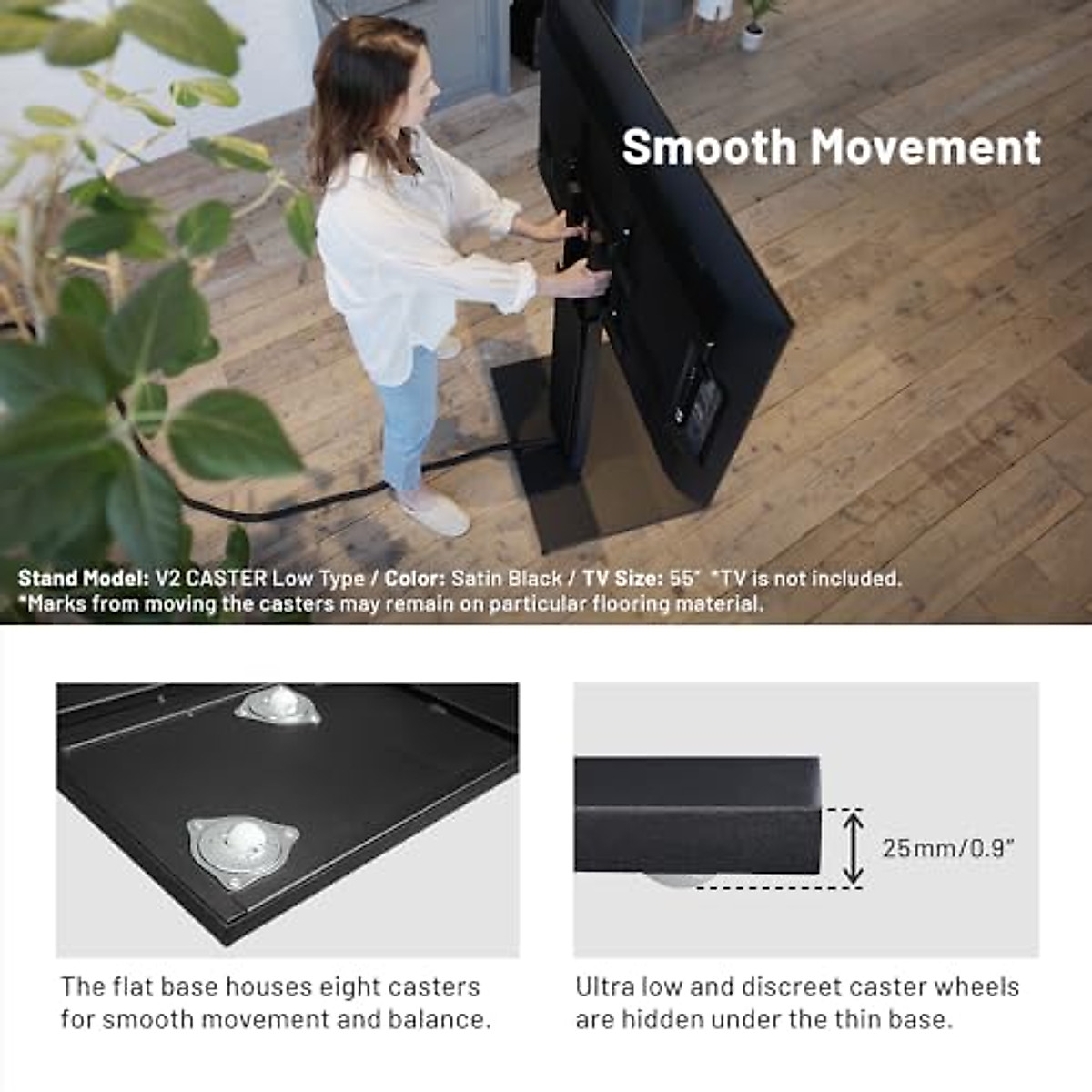 WALL V2 Caster High Type, Japanese Rolling Portable Free-Standing 32-60 Inch Universal TV Stand with Concealed Wheels - Satin Black