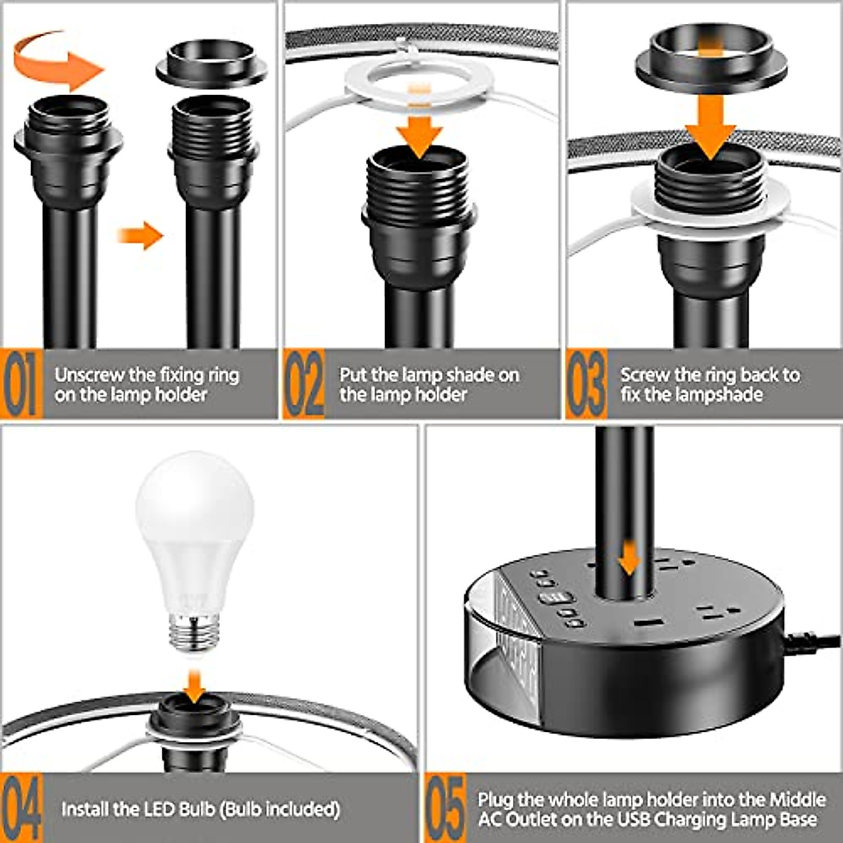 Gray Nightstand Light Lampshade 6ft Plug Extension Cord Dual USB Charging Port AC Outlet, Cylinder Desk Lamp Clock Charger Bedroom Home Dorm School Office Electric Adapter Socket Reading Work Study