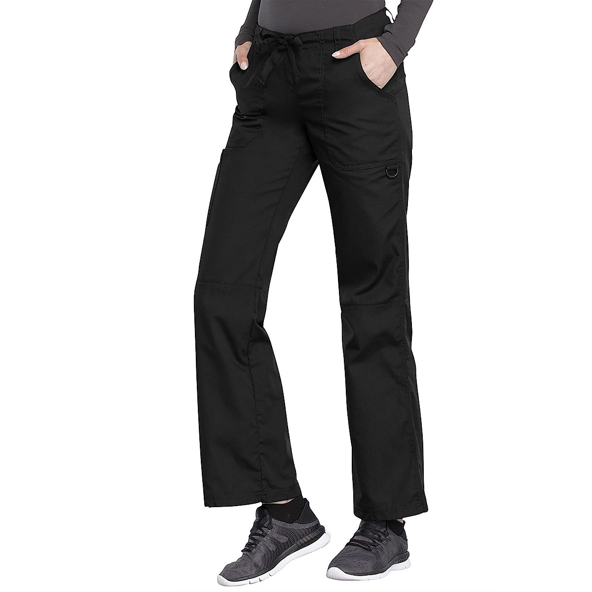 Cherokee Women's Low Rise Drawstring Cargo Scrub Pant, Black, Medium