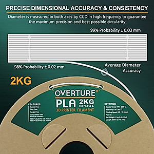 OVERTURE PLA Filament 1.75mm PLA 3D Printer Filament, 2kg Cardboard Spool (4.4lbs), Dimensional Accuracy +/- 0.03mm, Fit Most FDM Printer(White 2KG-1 Pack)