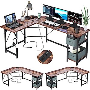 SZXKT L Shaped Desk with Power Outlets,66 inch Corner Computer Desk with Drawers,Gaming Desk Home Office Writing Study Table Reversible L Desk with Storage Shelves and Hooks(Rustic Brown)