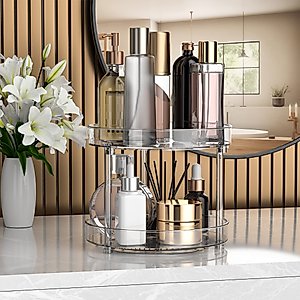 2 Tier Lazy Susan Organizer，Clear Plastic Lazy Susan Turntable for Cabinet，Rotating Lazy Susan Spice Rack Cabinet Organizer for Kitchen，Table，Refrigerator，Pantry，Bathroom