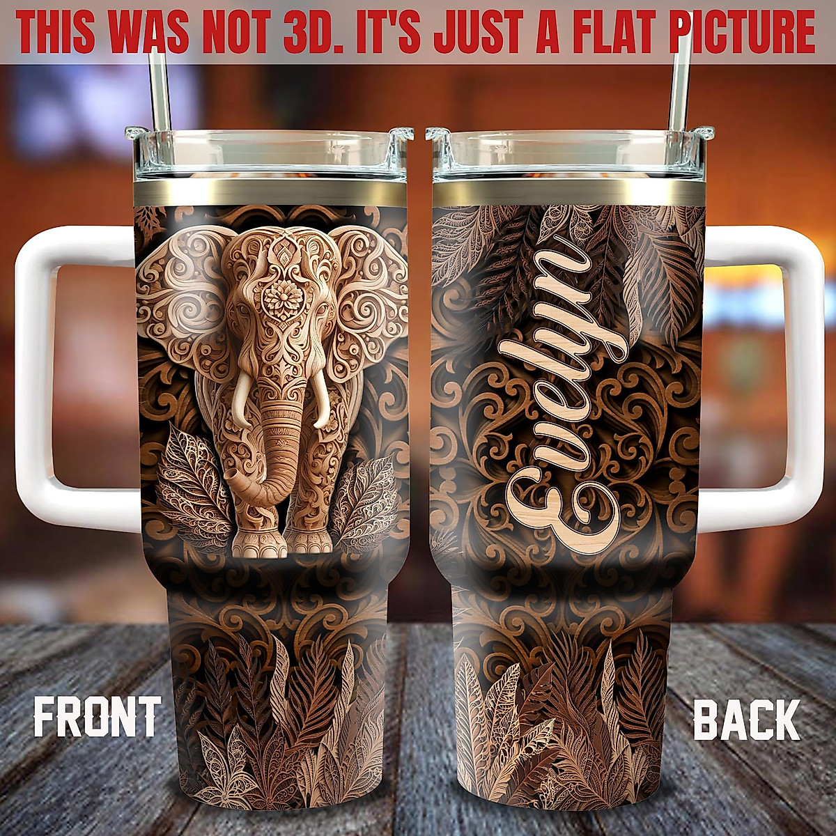 WAZONE Personalized Elephant 40oz Tumbler with Handle and Straw Custom Name Animal Wooden Drawings Stainless Steel Travel Coffee Cup With Lid Gifts for Elephants Lover Men Women Teen