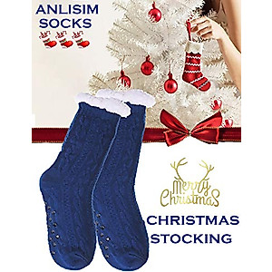 Anlisim Men Slipper Socks Fluffy Fuzzy Cabin Cozy Winter Warm Comfy Soft Fleece Thick Home Stocking Stuffers with Grips Non Skid Gift Socks（ Blue）