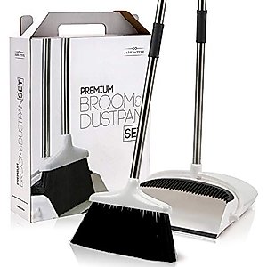 Broom and Dustpan Set for Home - Premium Long Handled Broom Dustpan Combo - Upright Standing Lobby Broom and Dust Pan Brush w/ Handle - Great Edge, Lightweight and Robust