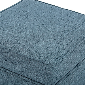 Adeco 17" Square Ottoman with Storage- Small Storage Ottoman Foot Rest with Hinged Lid- Blue Faux Linen Fabric Upholstered Footstool with Sturdy Wood Legs