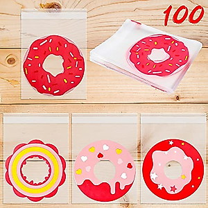 Konsait 100Count Donuts Cookie Candy Treat Bags Self-Adhesive Sweets Biscuit Dessert Bags Plastic Bags Packaging Donuts Cellophane Gift Goody Bags for Children's Day Party Favors Supplies