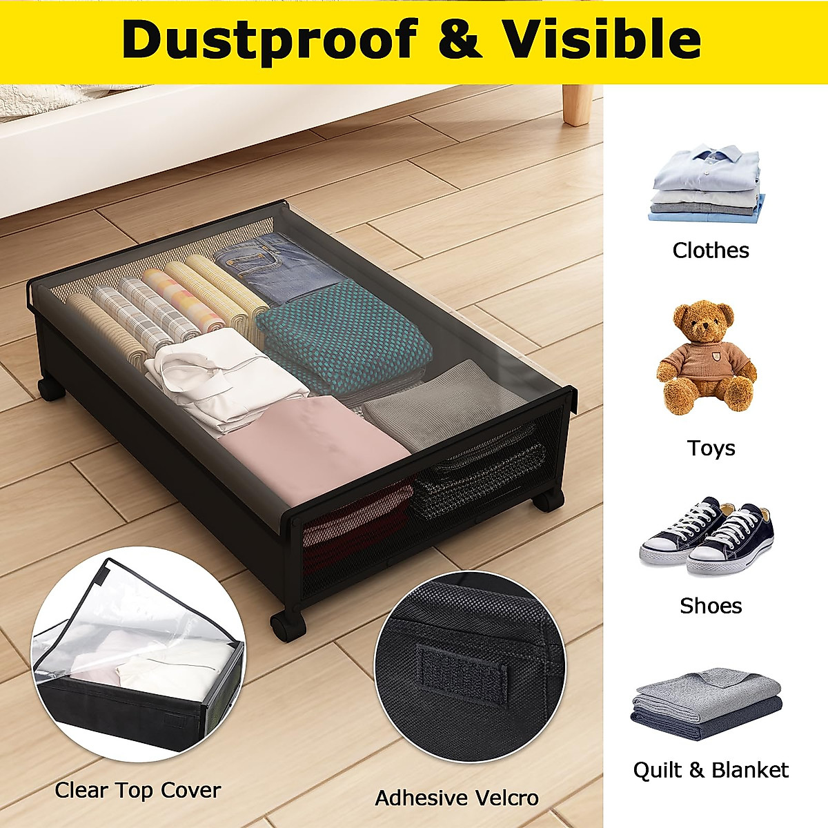 NADAMOO Under Bed Storage with Wheels and Clear Cover, Rolling Underbed Storage Containers, Metal Frame Under the Bed Organizer Bins for Bedroom Clothes Shoes Blankets Toys Books, Pack of 2