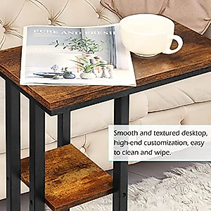 C Shaped Side Table for Sofa, Couch End Table for Small Spaces，Skinny Couch Side Tables Slide Under Sofa Bed,Snack Table with Bamboo, Modern Rustic Brown …