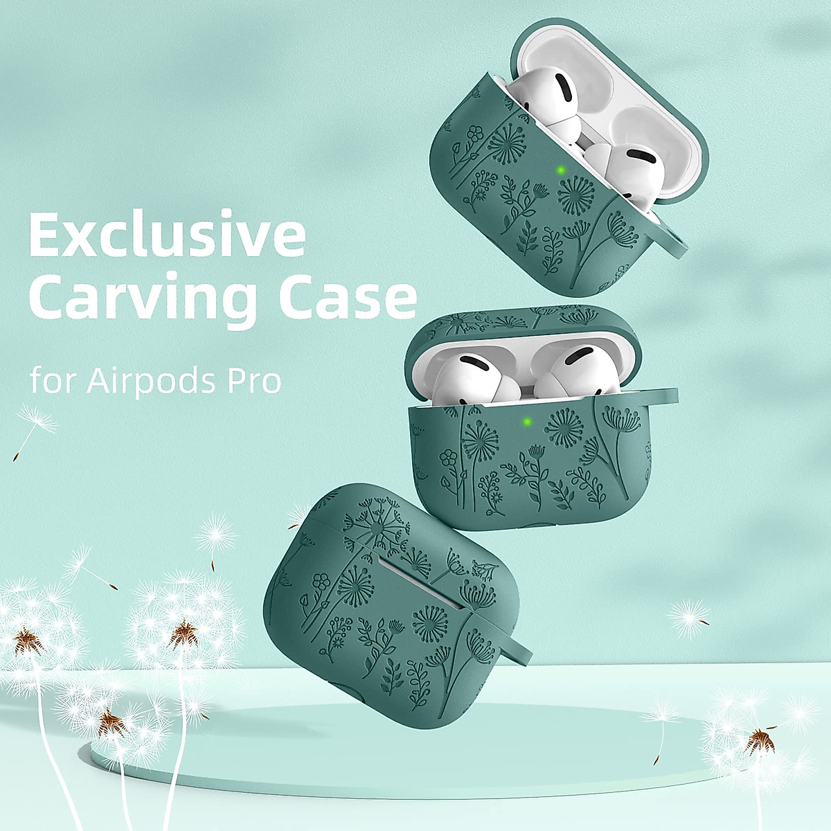 Lerobo Flower Engraved Case for AirPods Pro Case 2nd 1st Generation Case Cover/AirPod Pro Case Cover,Cute Soft Silicone Skin Full Protective Cover for Apple Airpod Case PineGreen