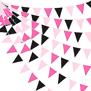32Ft Rose Hot Pink Black Pennant Banner Fabric Triangle Flag Cotton Bunting Garland for Minnie Mouse Birthday Wedding Anniversary Party Home Nursery Outdoor Garden Hanging Festivals Decoration (36Pcs)