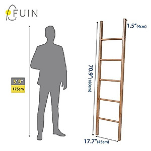 FUIN 6ft Wooden Blanket Ladder Farmhouse Decorative Wall Leaning Rack Holder Display Throw Quilt Rustic Towel Ladder for Bathroom, Light Brown